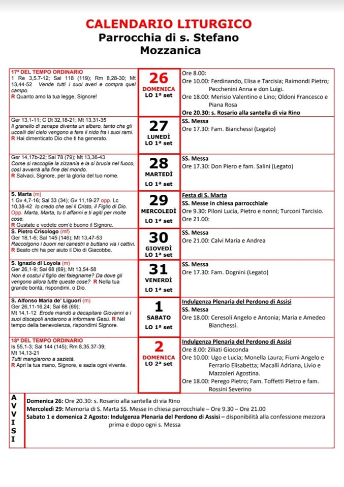 Calendario 26 luglio – 2 agosto Parrocchia S.Stefano Mozzanica